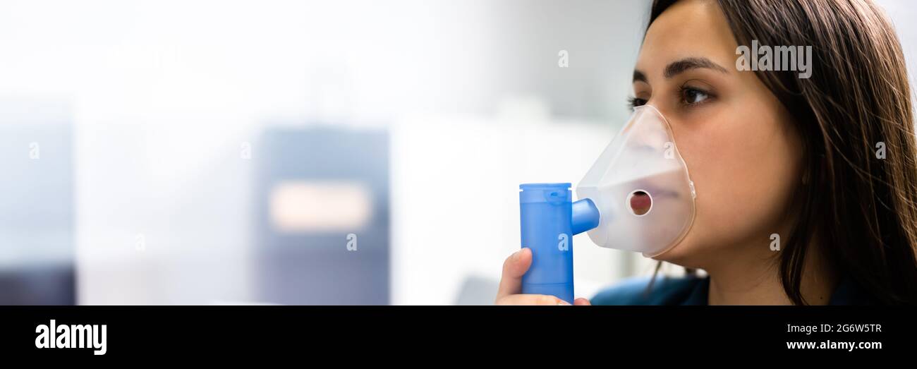Asthma Patient Breathing Using Oxygen Mask And COPD Nebulizer Stock ...