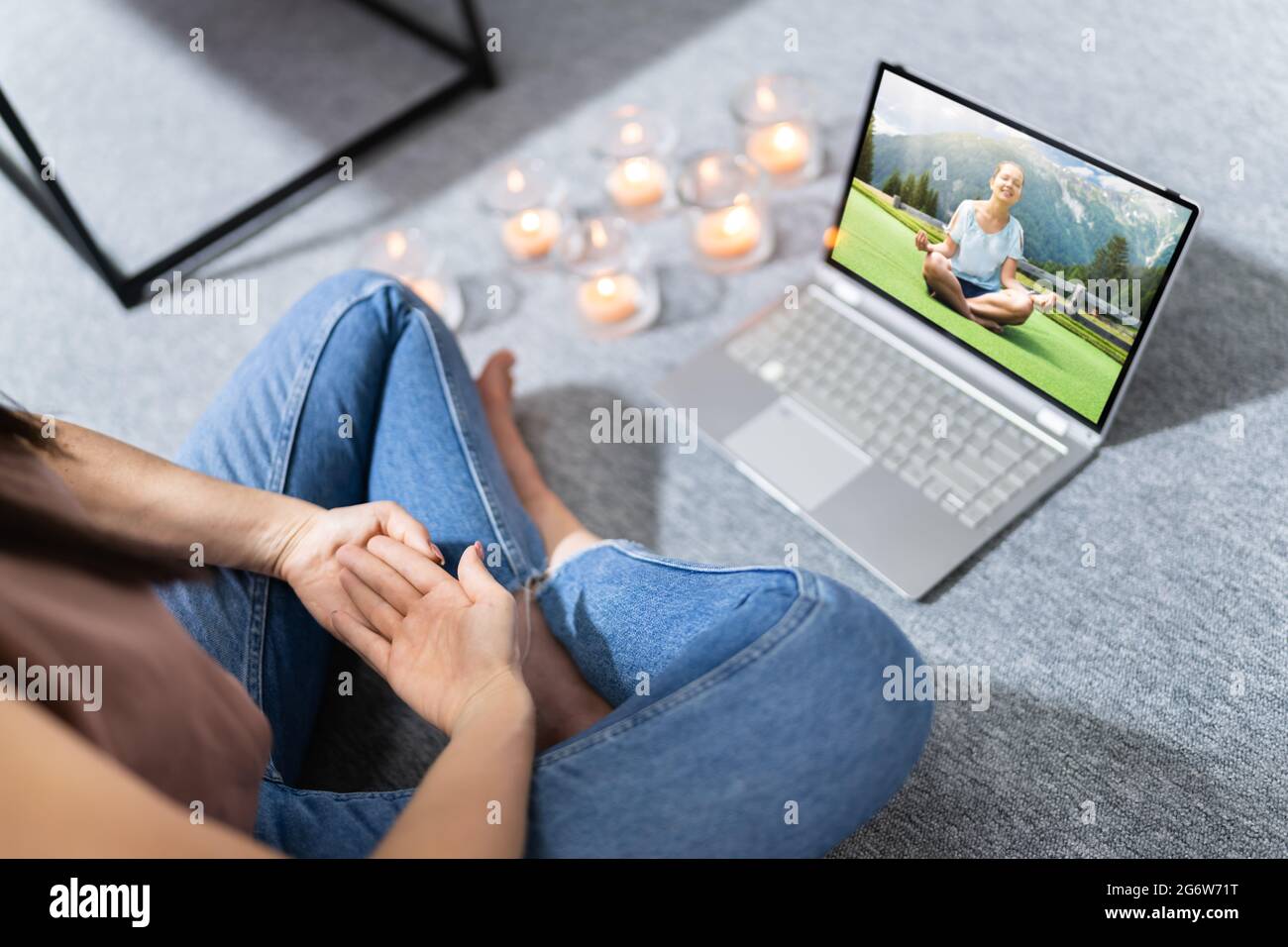 Online Yoga Video Call On Laptop Computer Screen Stock Photo - Alamy