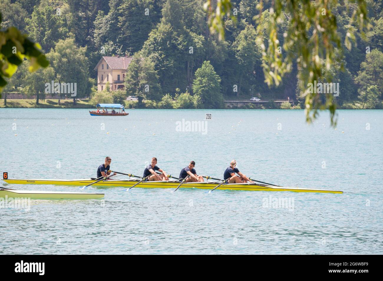 Picture of four young men, adults, training on a coxed four on Bled ...