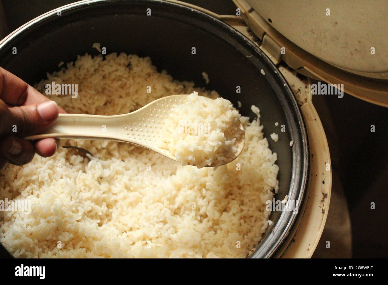 Cooked rice with spoon on hand, food concept, new food photography ...