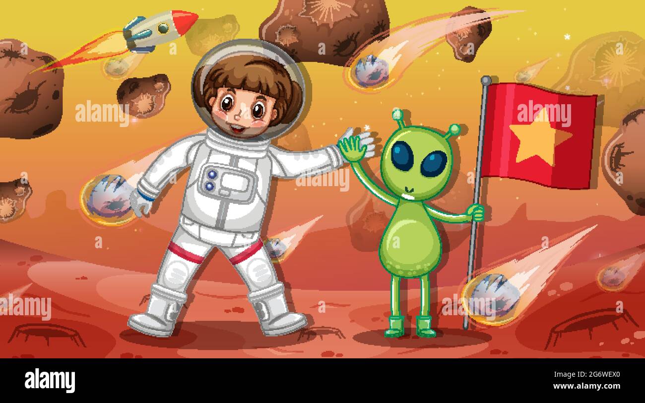 Astronaut girl with an alien standing on asteroid in space scene ...