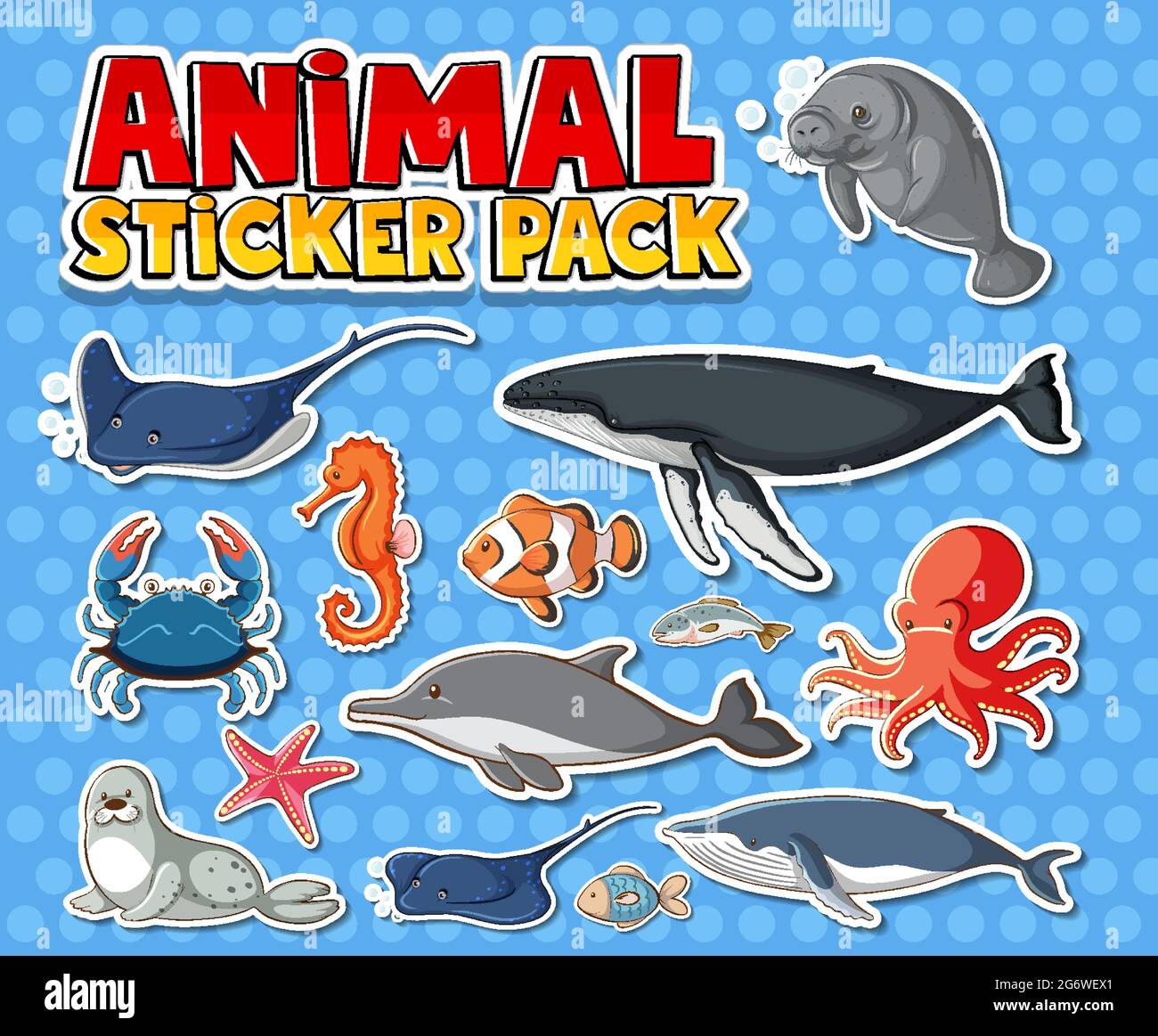 Cute sea animals sticker pack isolated illustration Stock Vector Image ...