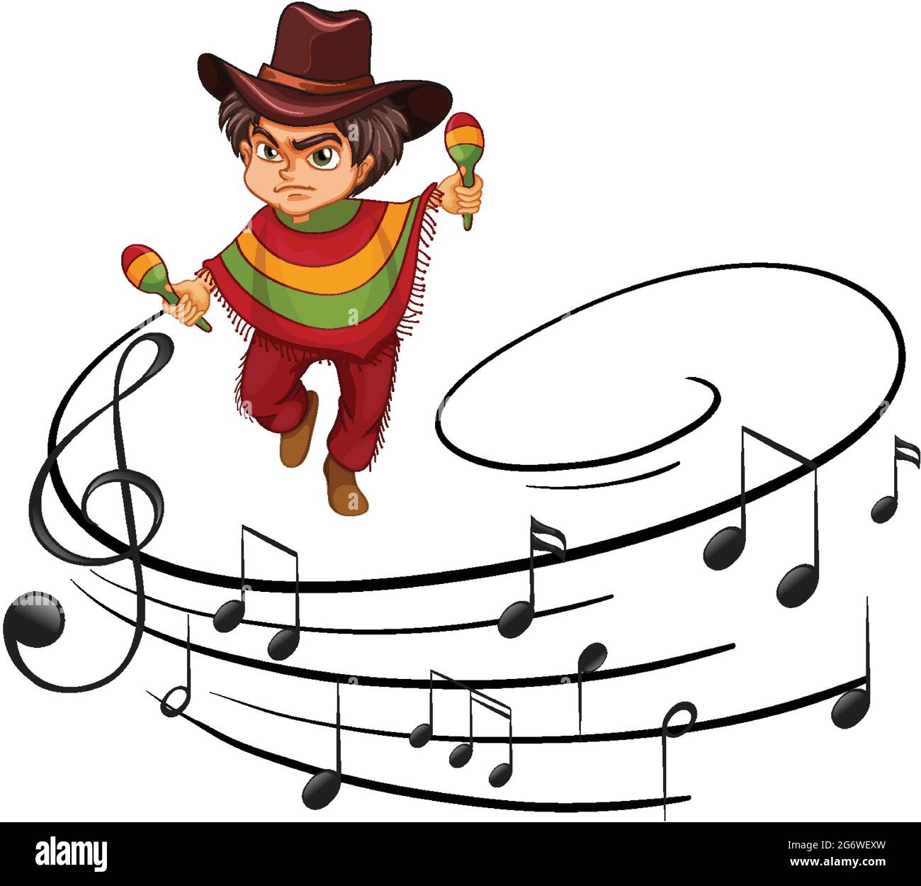 A boy playing maracas with musical melody symbols isolated illustration ...