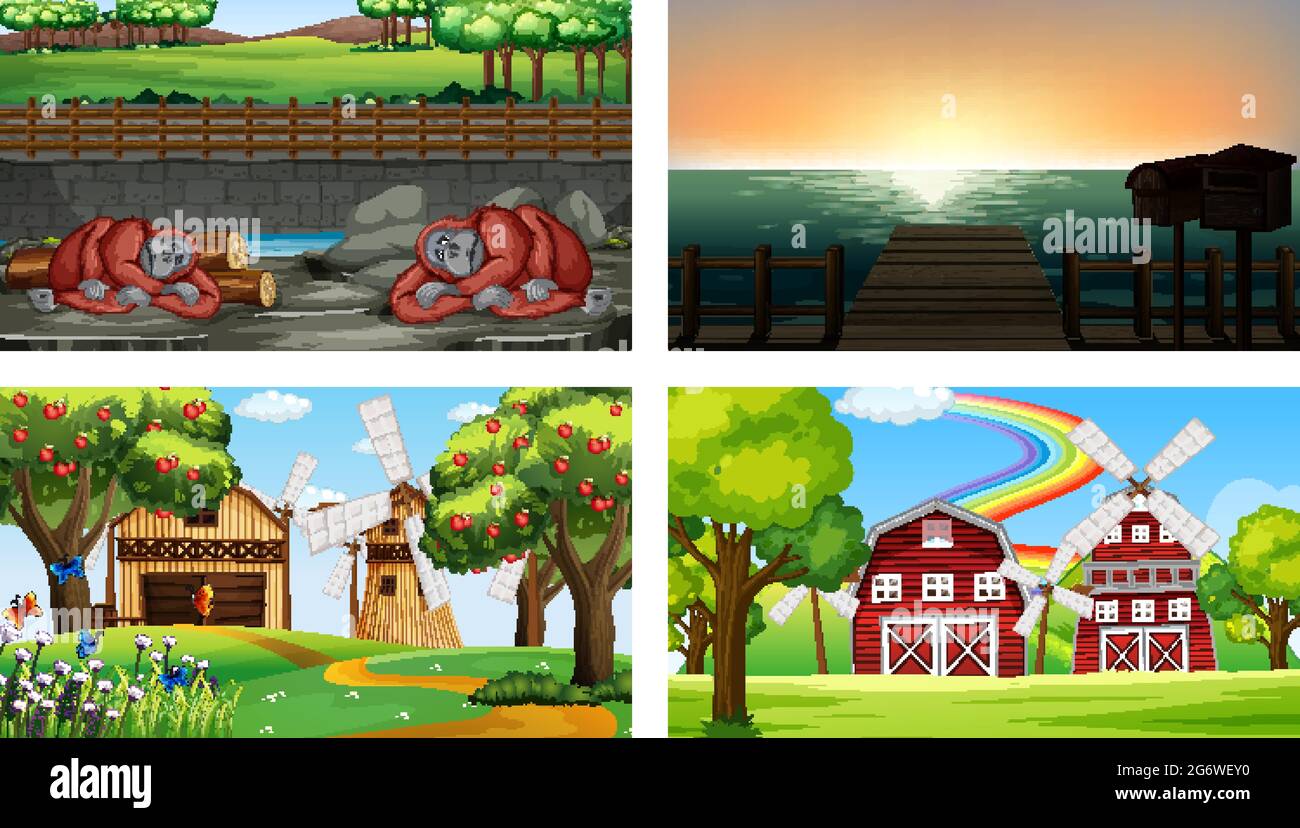Four different scenes with various animals cartoon character ...