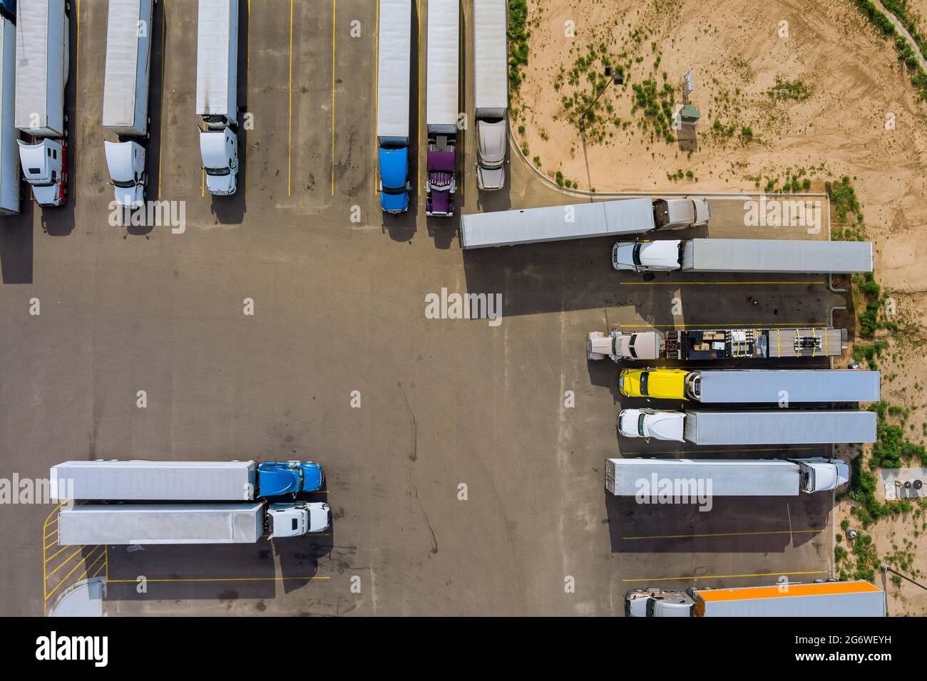 Top view car parking truck stop on rest area on the highway Stock Photo ...