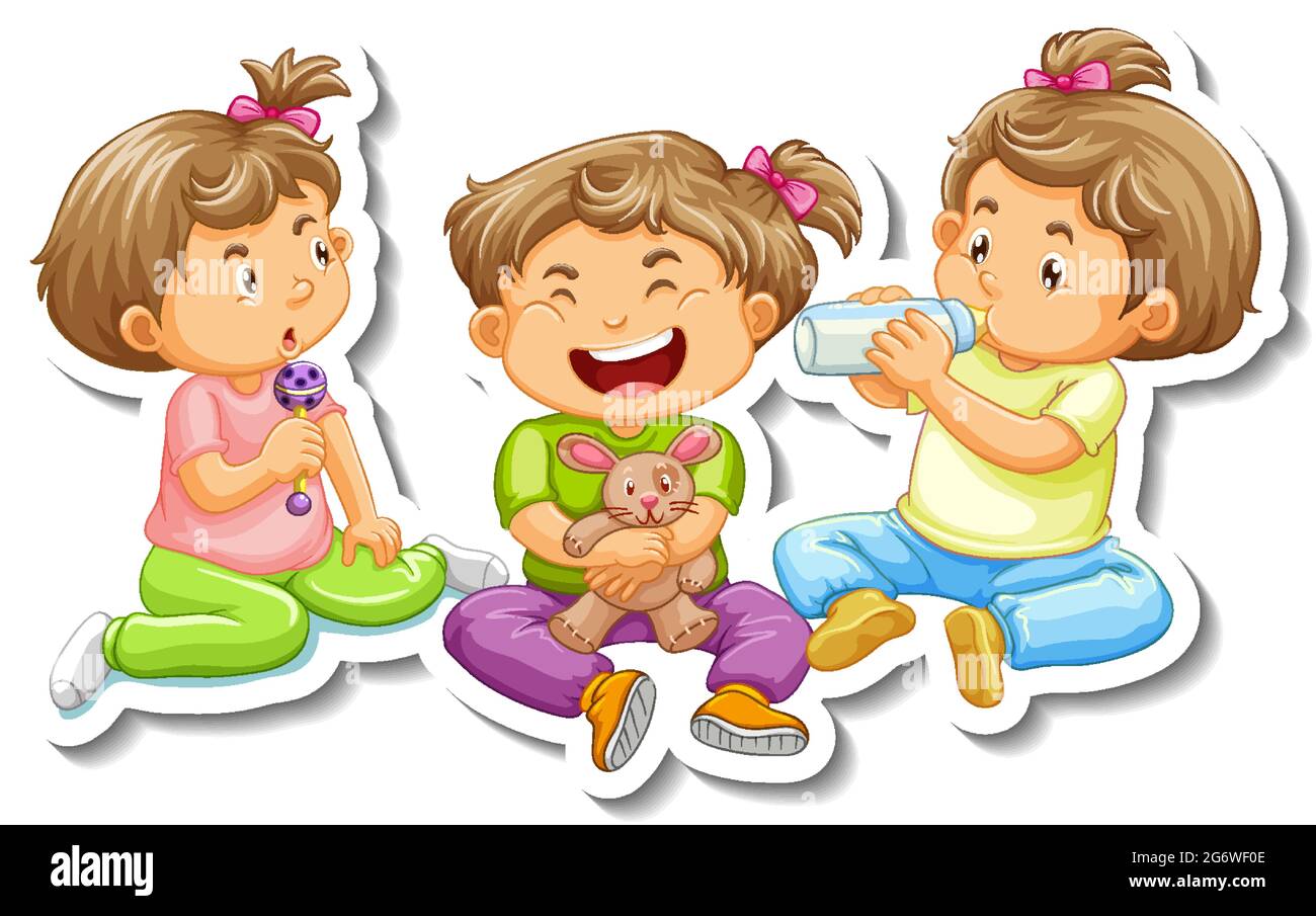 Sticker template with three baby girls cartoon character isolated ...
