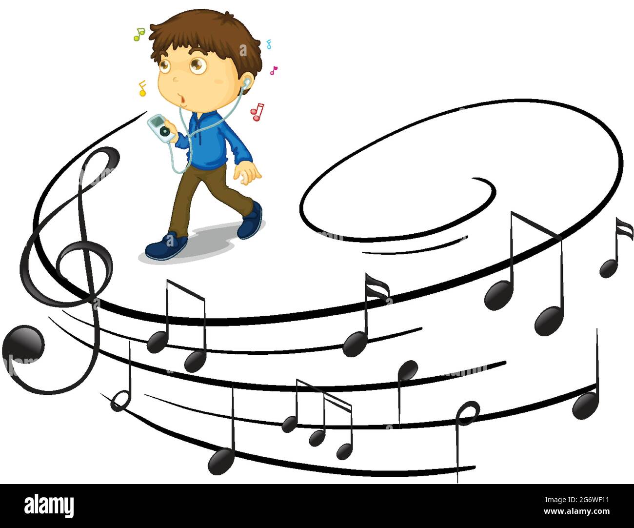 Doodle cartoon character of a young man listening music with musical ...