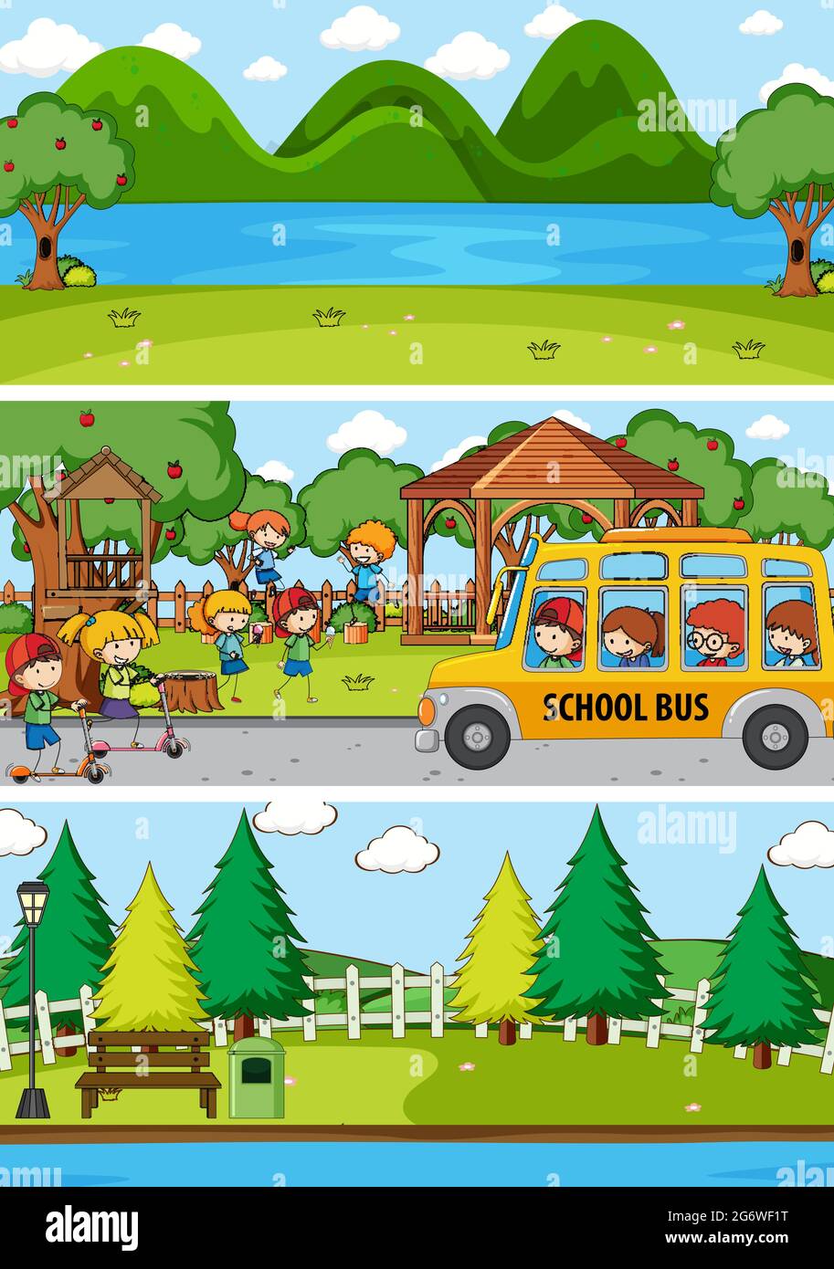 Set of different horizon scenes background with doodle kids cartoon ...