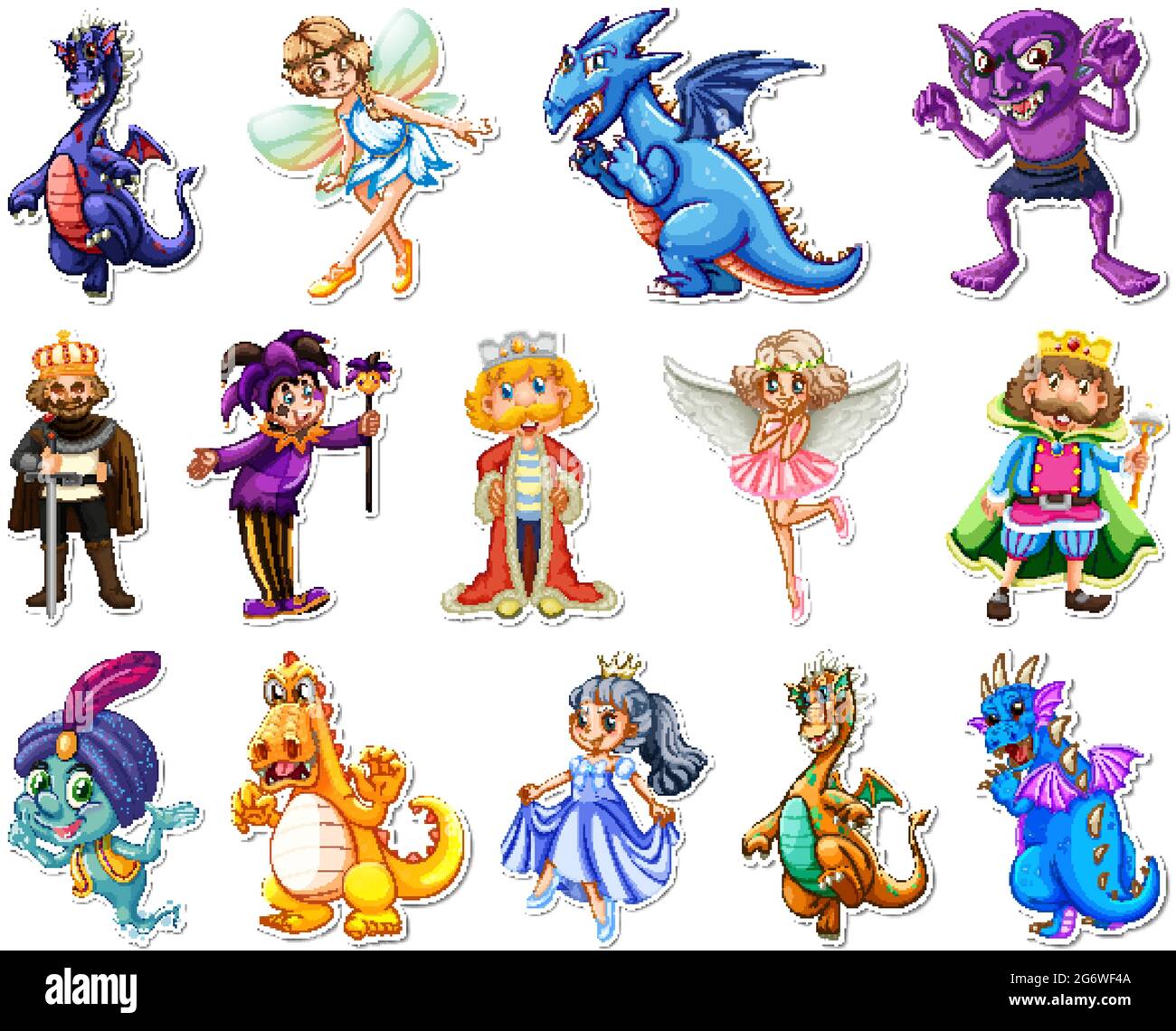 Sticker set with different fairytale cartoon characters illustration ...