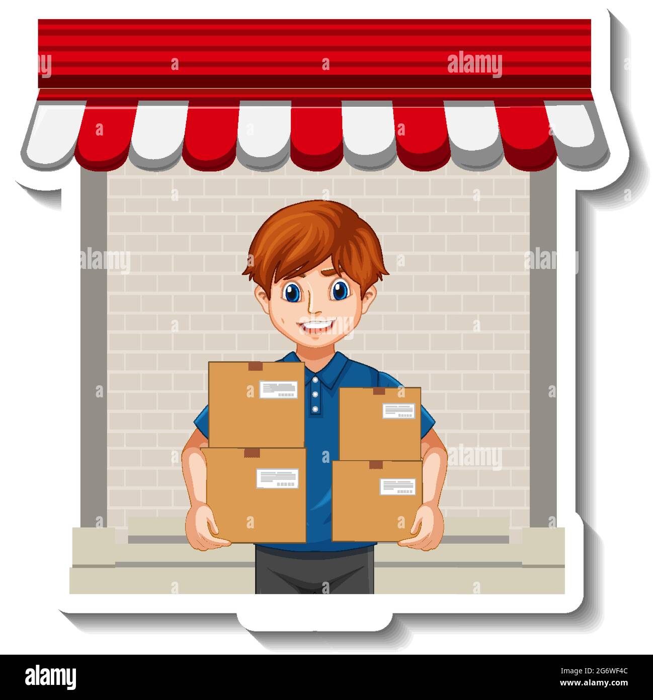 A sticker template with delivery man in uniform holding boxes ...