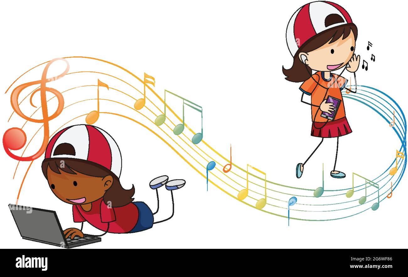 Doodle cartoon character of girls listening music with musical melody ...