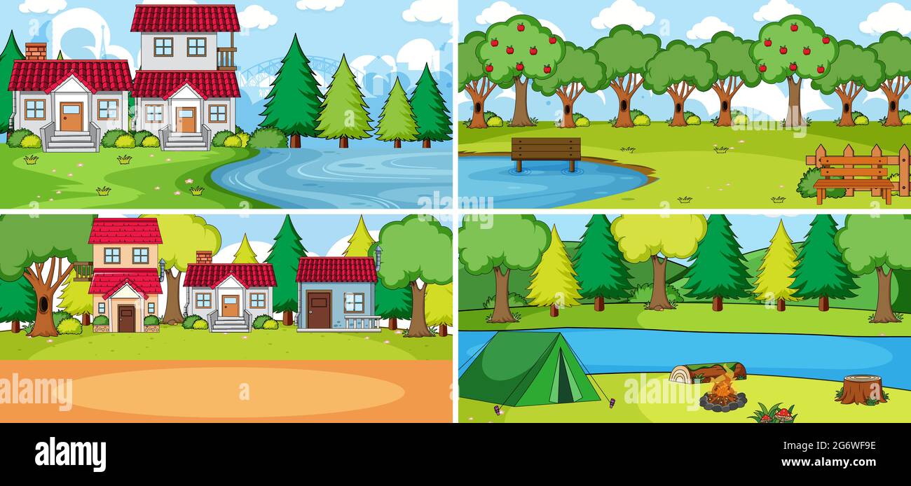 Set of different nature scenes cartoon style illustration Stock Vector ...