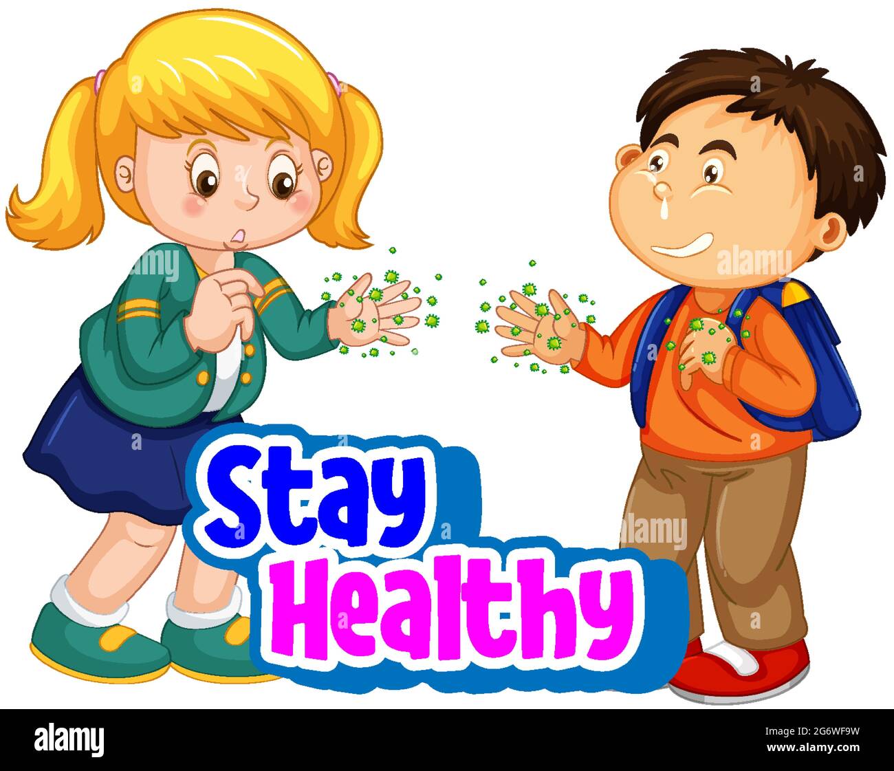 Stay Healthy font with two kids do not keep social distancing isolated ...
