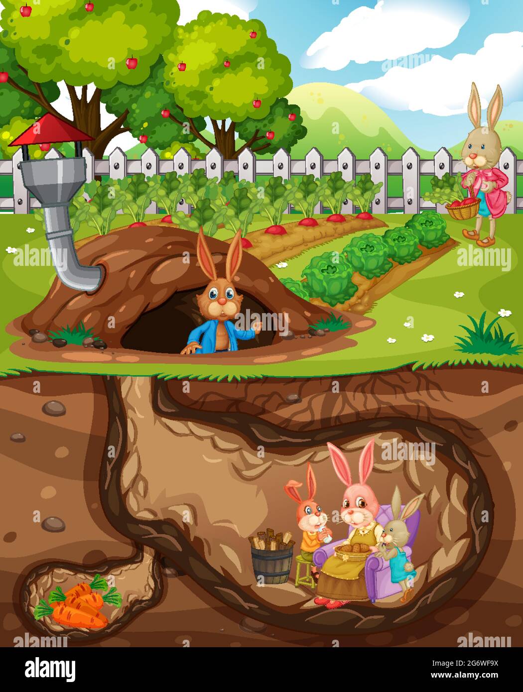 Underground rabbit hole with ground surface of the garden scene ...