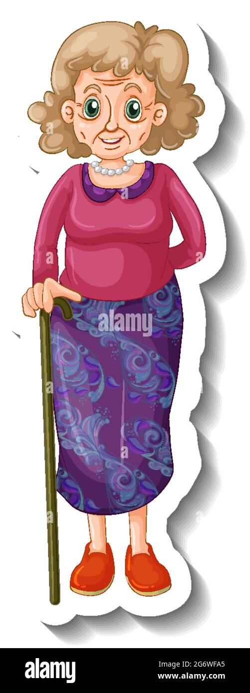 A sticker template with an old woman in standing pose illustration ...