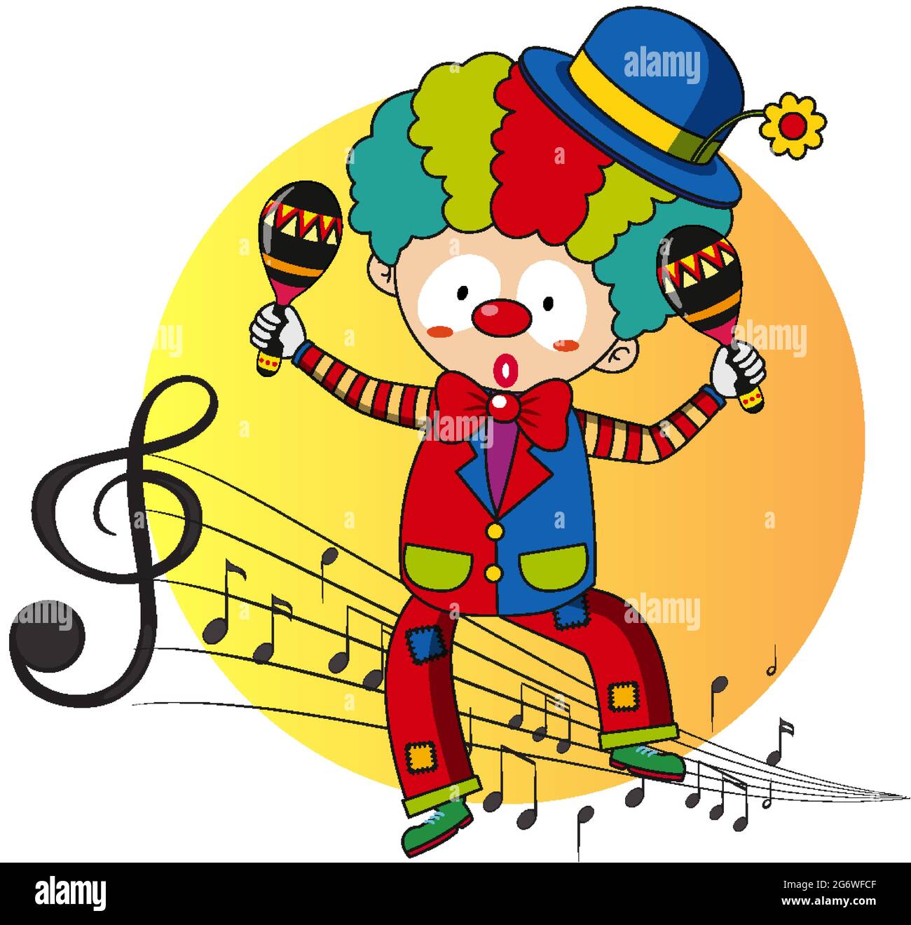 Cartoon character of a clown dances with musical melody symbols ...