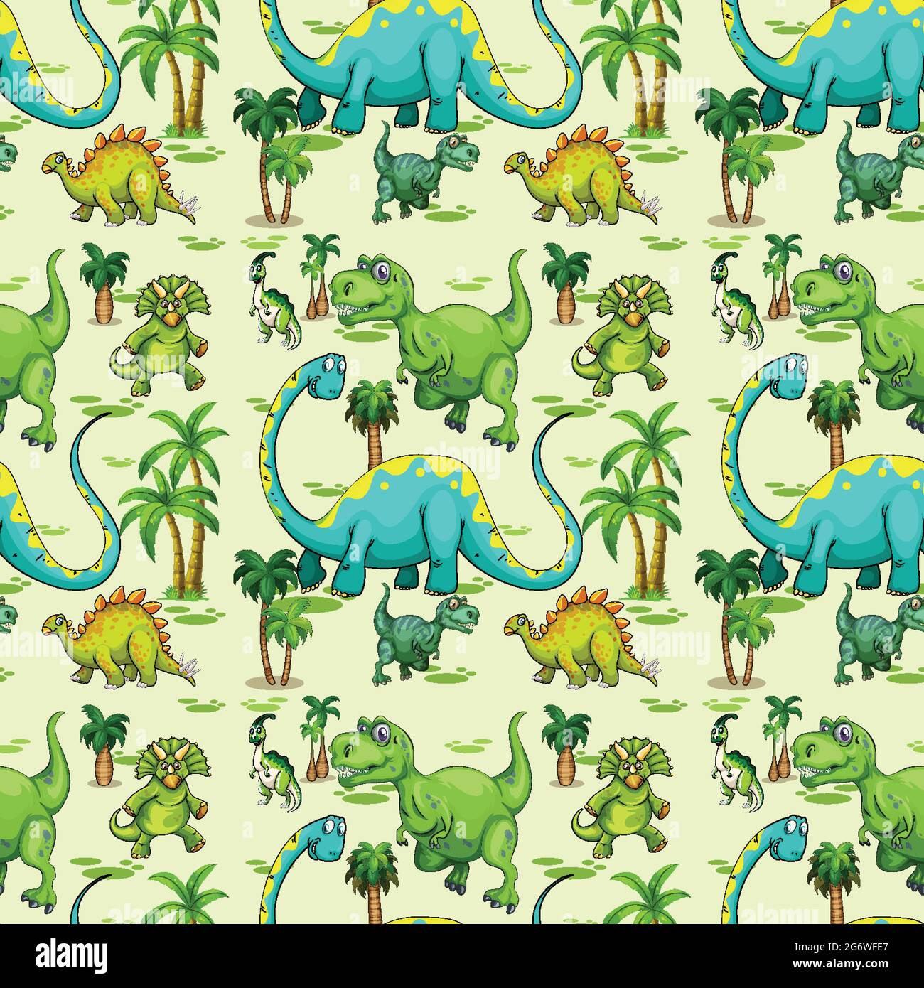 Seamless pattern with various dinosaurs and tree on green background ...