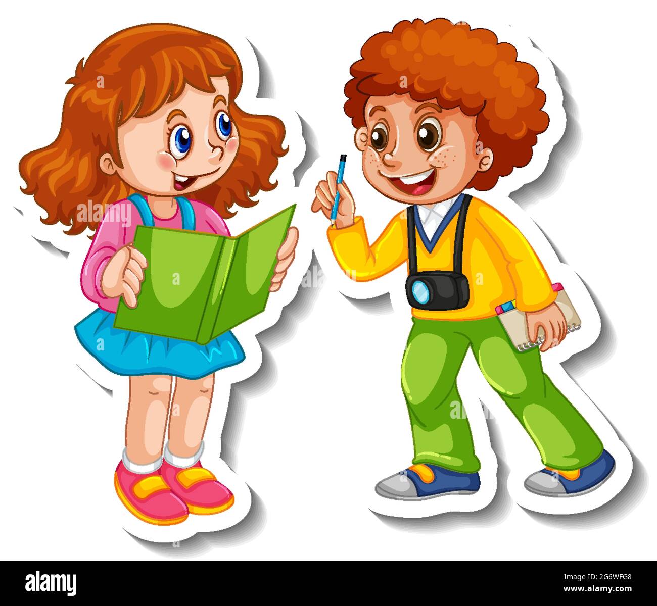 Sticker template with a couple kids cartoon character isolated ...