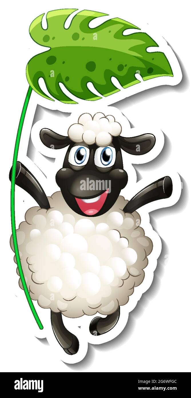 Sticker template with cartoon character of a sheep holding a leaf ...