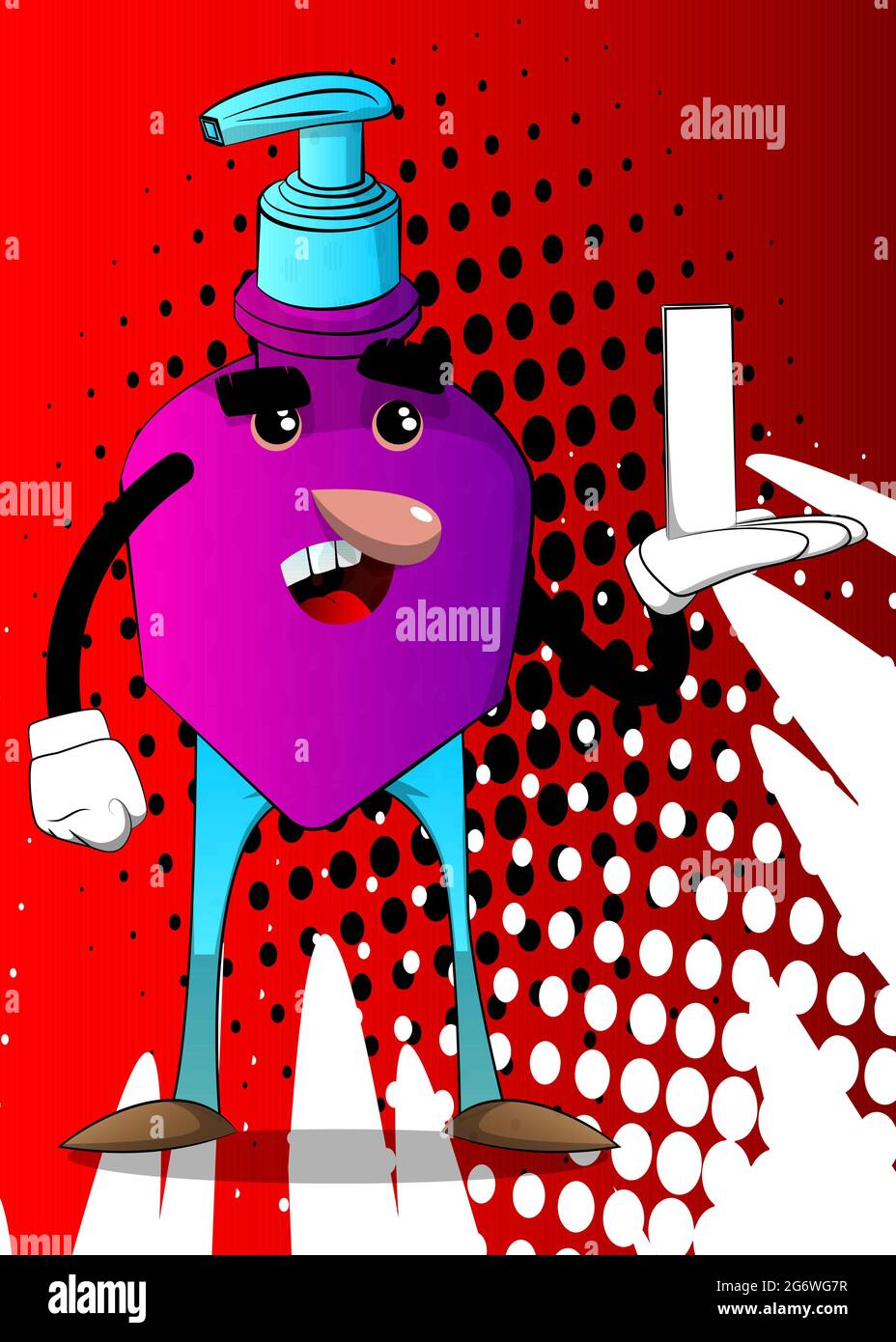 Cartoon bottle of hand sanitizer gel for hygiene with face holding ...