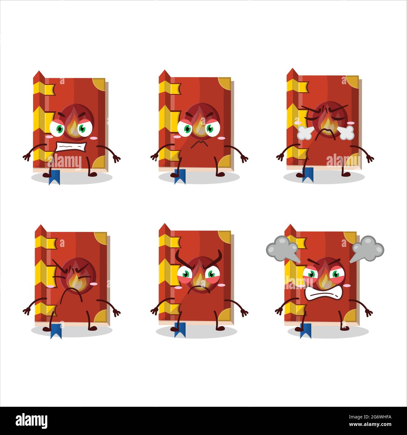 Fire book of magic cartoon character with various angry expressions ...