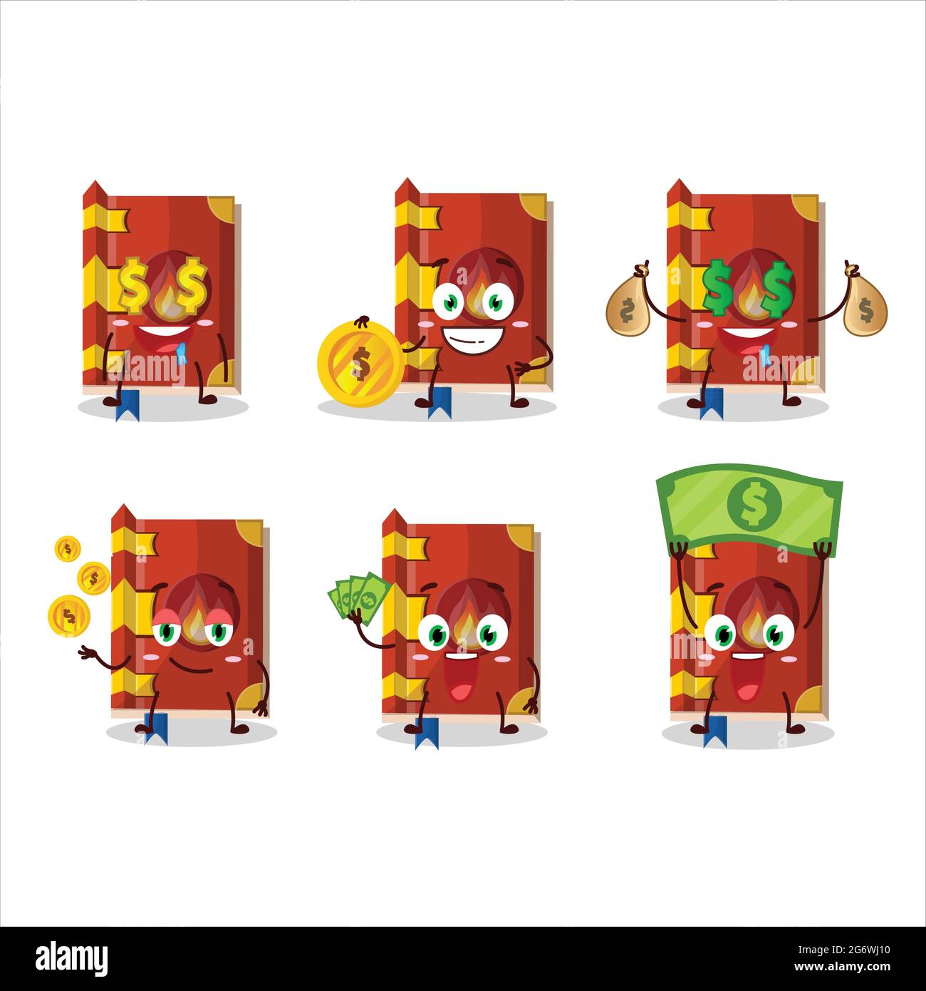 Fire book of magic cartoon character with cute emoticon bring money ...