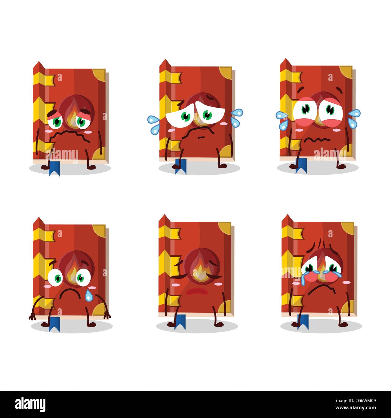 Fire book of magic cartoon character with sad expression. Vector ...