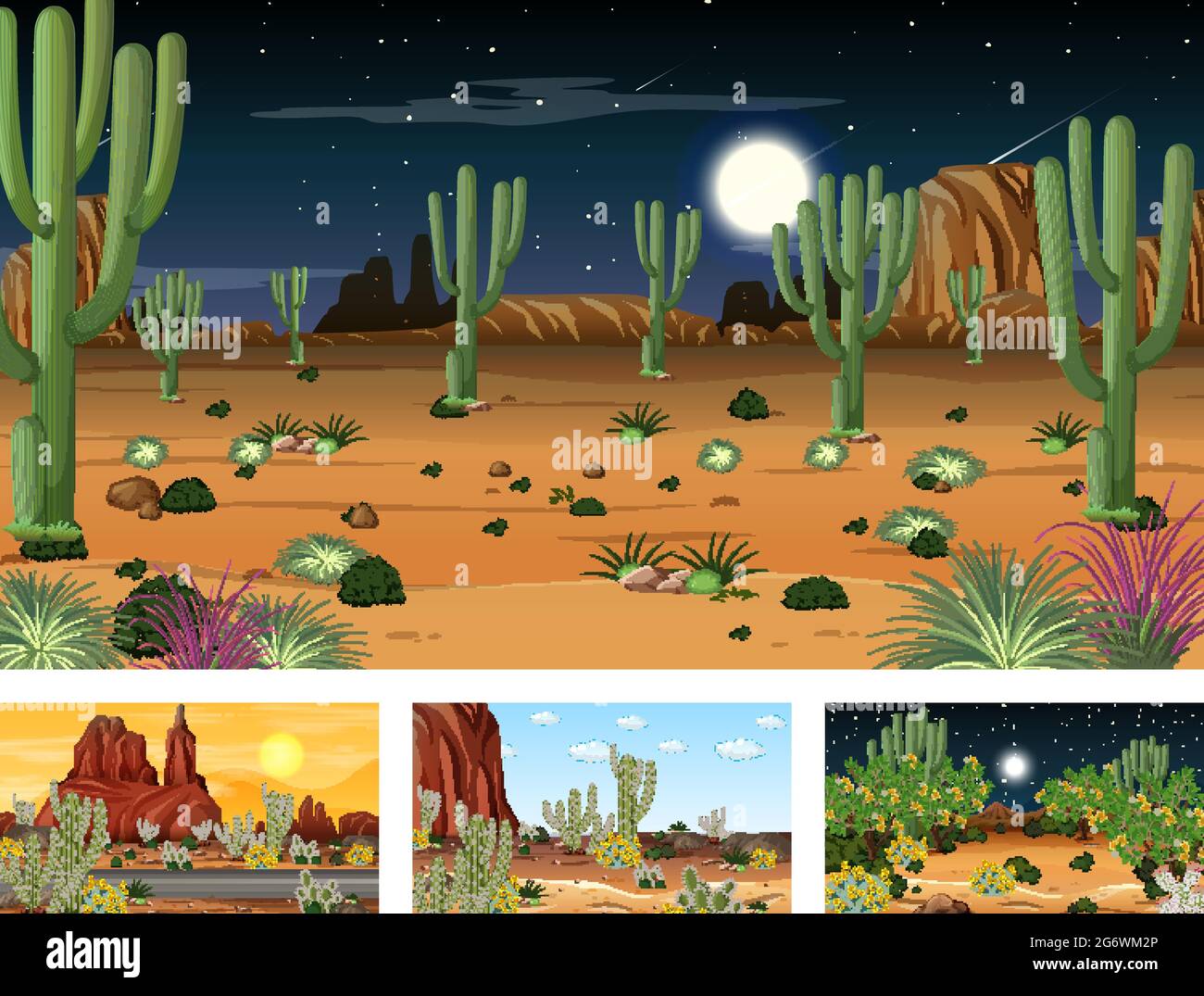 Different desert forest scenes with animals and plants illustration ...