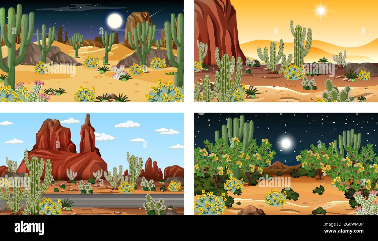 Different scenes with desert forest landscape illustration Stock Vector ...