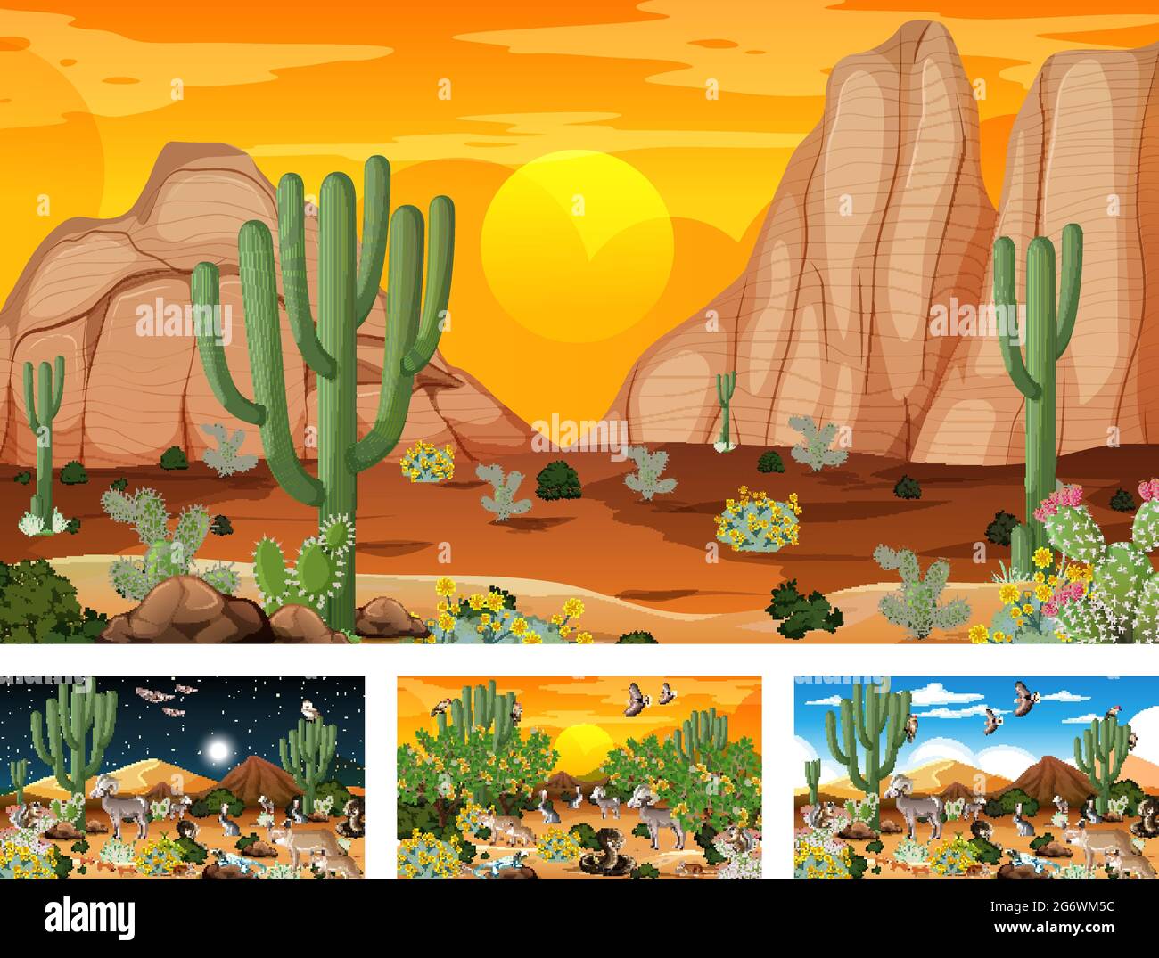 Different desert forest scenes with animals and plants illustration ...