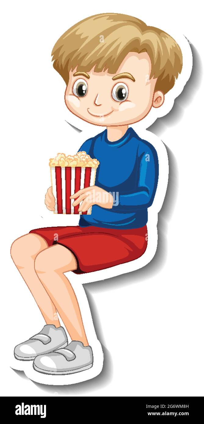 Sticker design with character of a boy sitting and eating popcorn ...