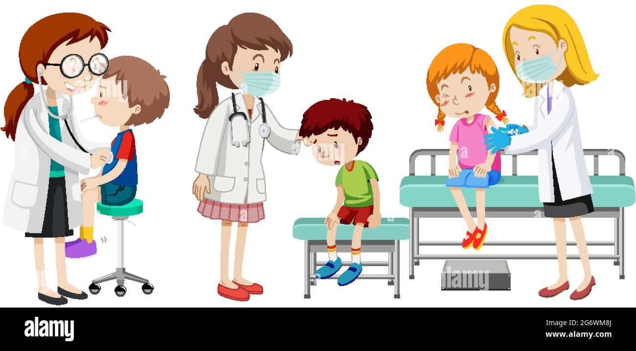 Many patient kids and doctors cartoon character on white background ...