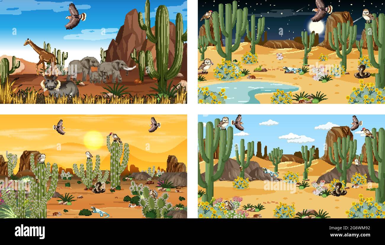 Different scenes with desert forest landscape with animals and plants ...