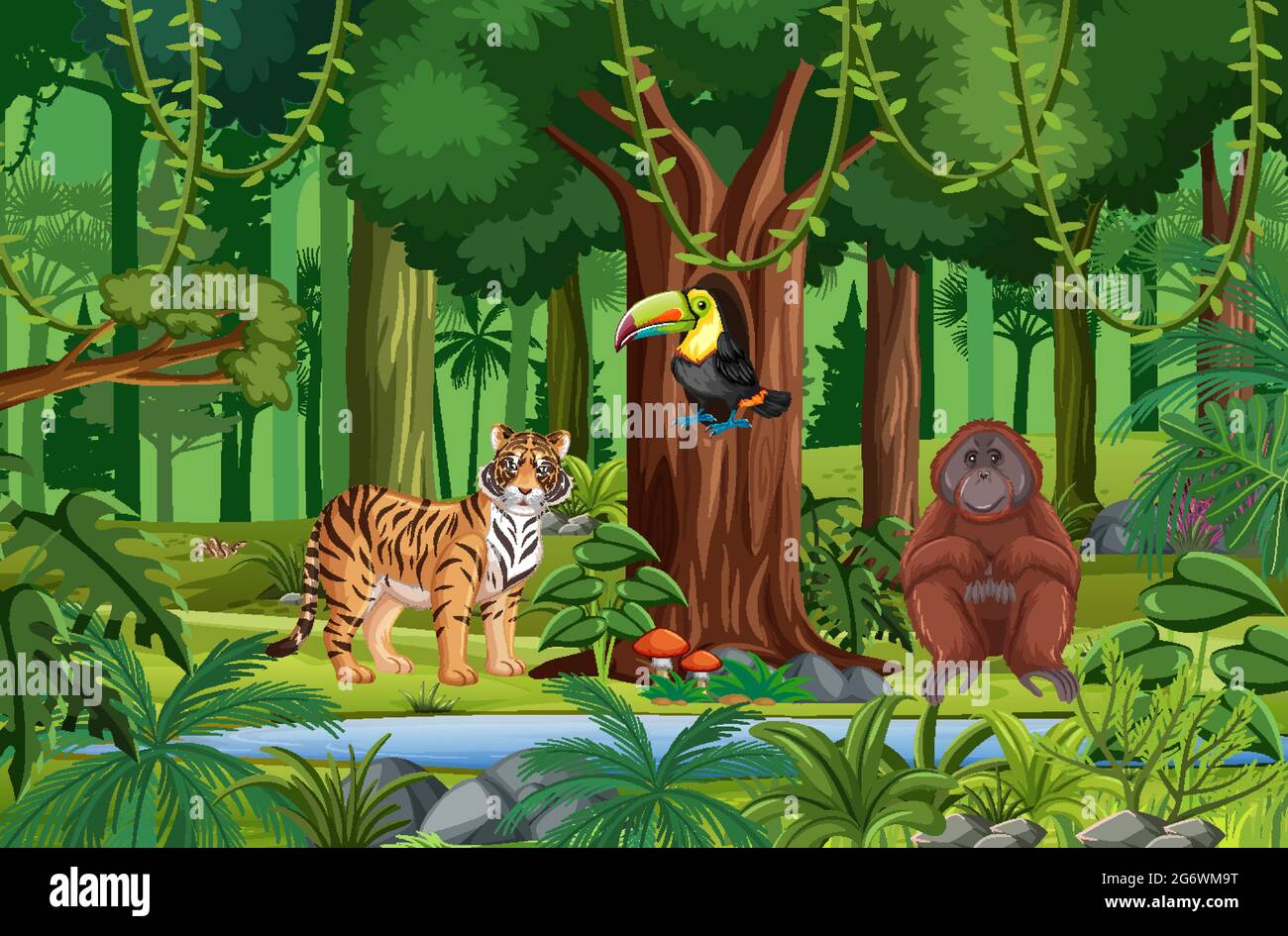Tropical rainforest scene with various wild animals illustration Stock ...