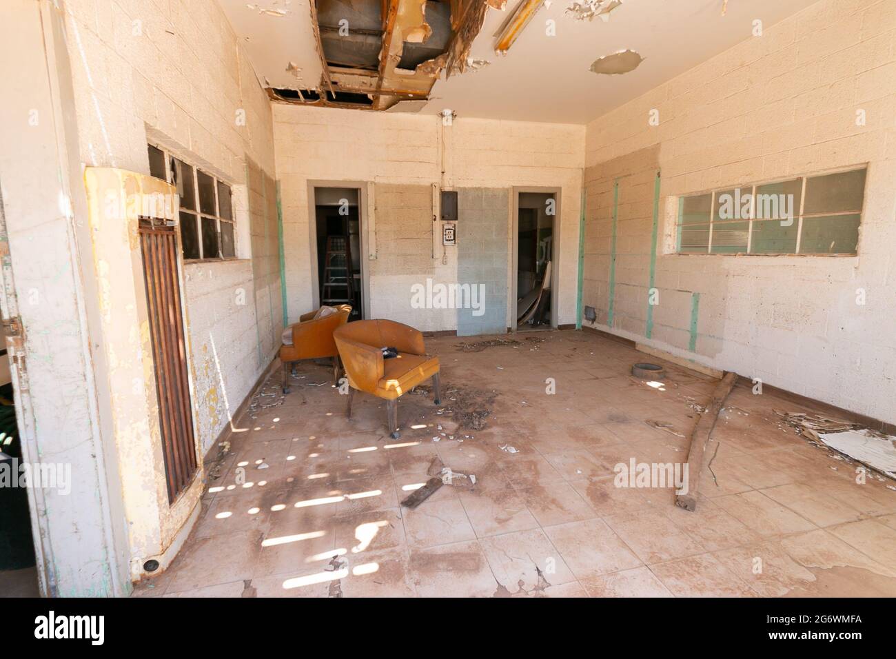 interior of Old derelict gas station in the Ghost Town of Glenrio Texas ...