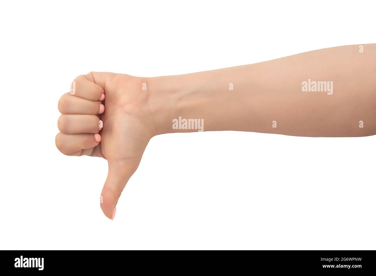 Woman hand thumb down sign isolated on white background. caucasian ...