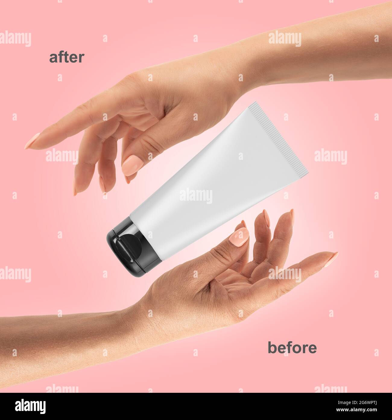 women's hands before and after applying the cream. mockup tube with ...