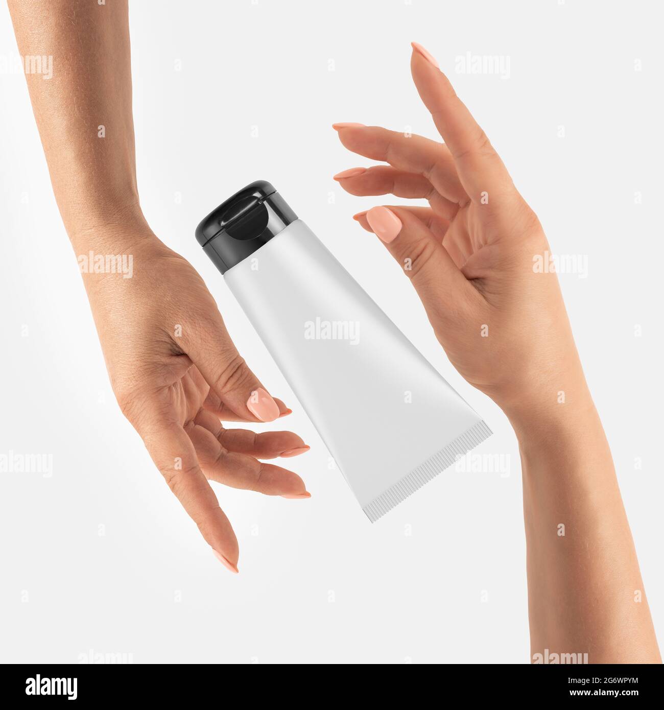 women's hands before and after applying the cream. mockup tube with ...