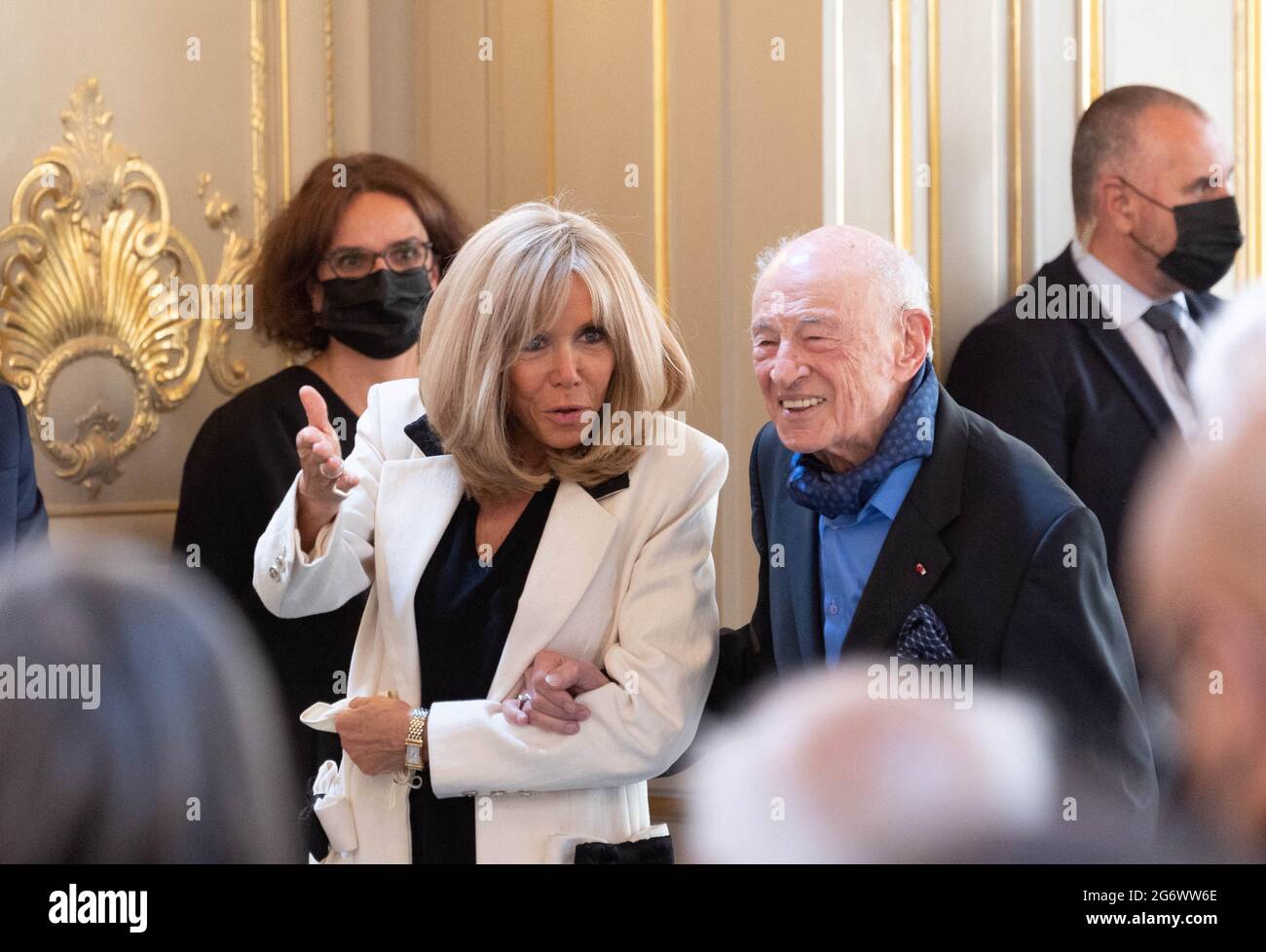 Paris, Francel July 8, 2021. Brigitte Macron and Edgar Morin attending ...