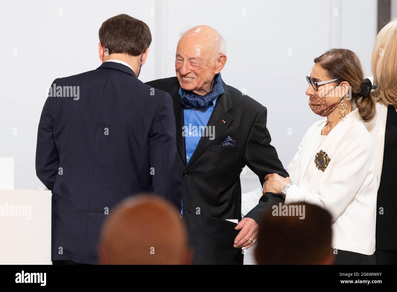 Paris, Francel July 8, 2021. President Emmanuel Macron, Edgar Morin and ...