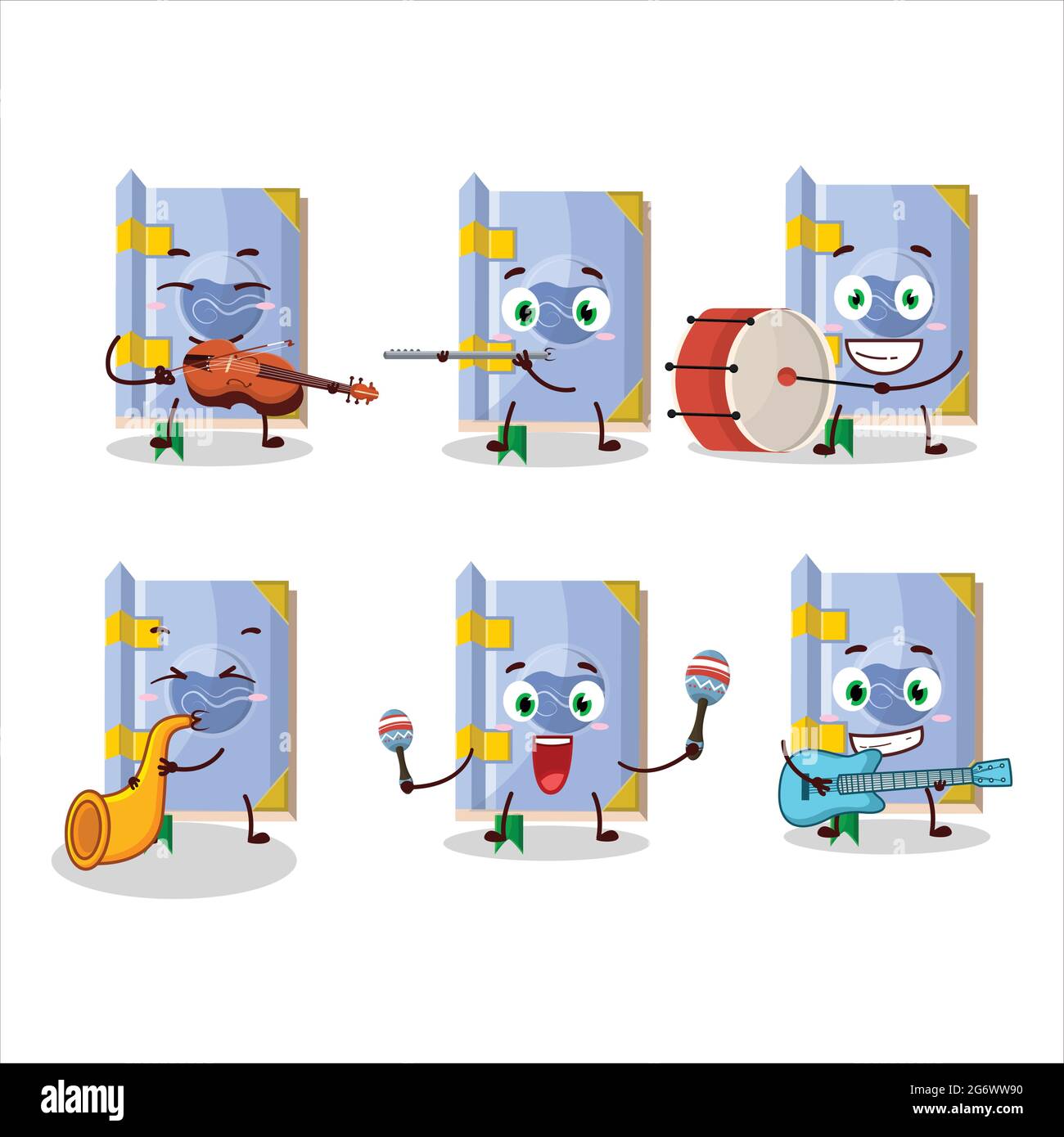 Cartoon character of air book of magic playing some musical instruments ...
