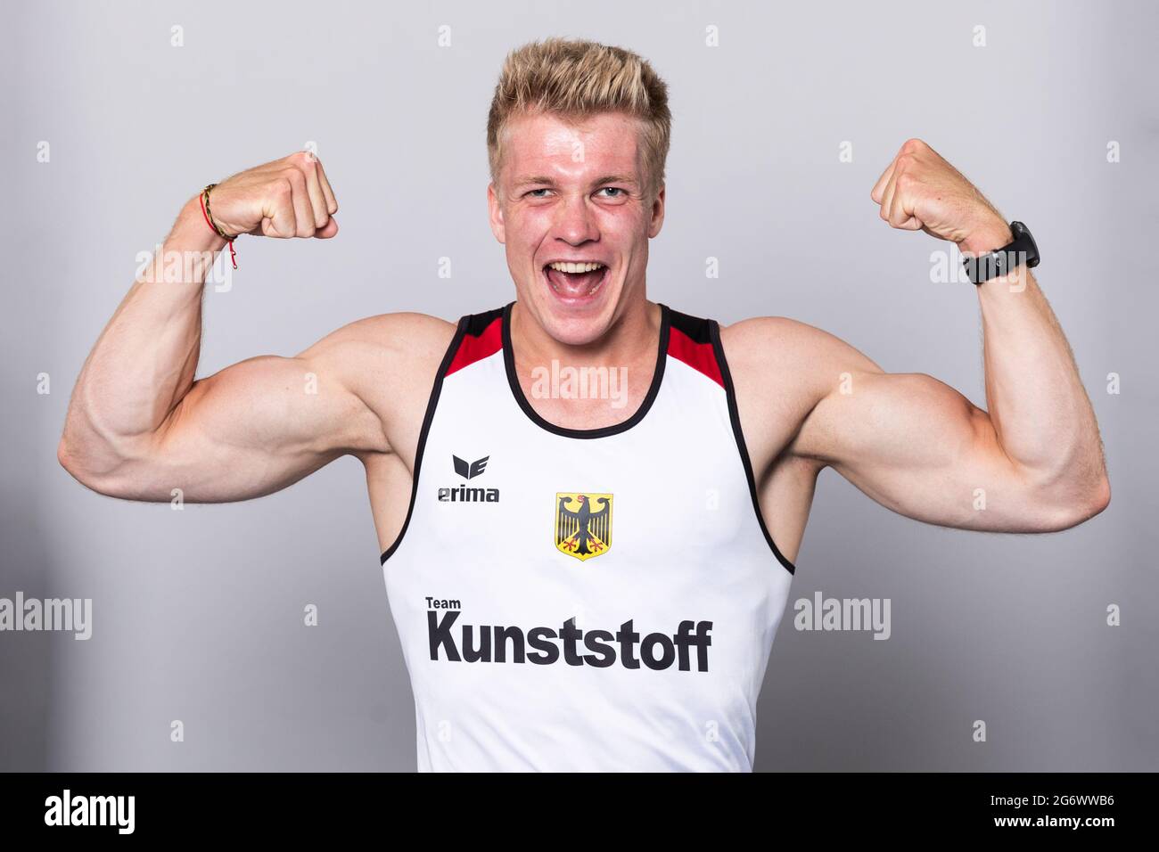 Potsdam, Germany. 20th May, 2020. Canoeist Jacob Schopf gestures at the ...
