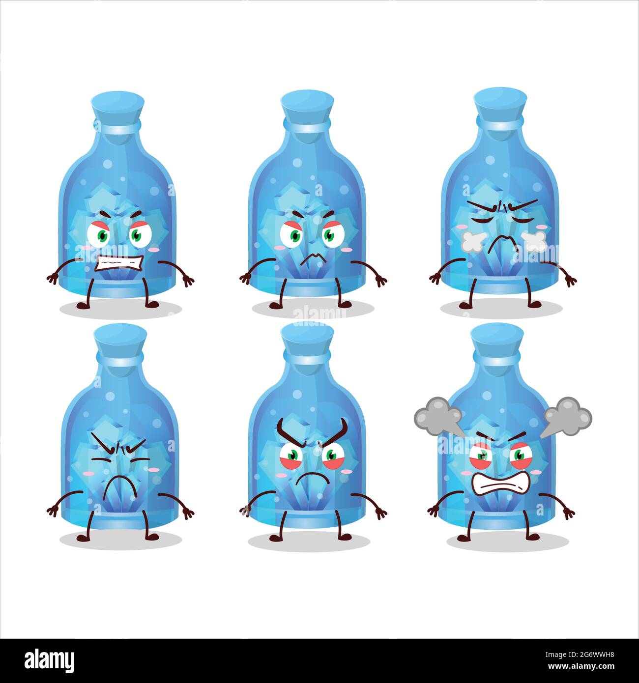 Magic potion blue bottle cartoon character with various angry ...