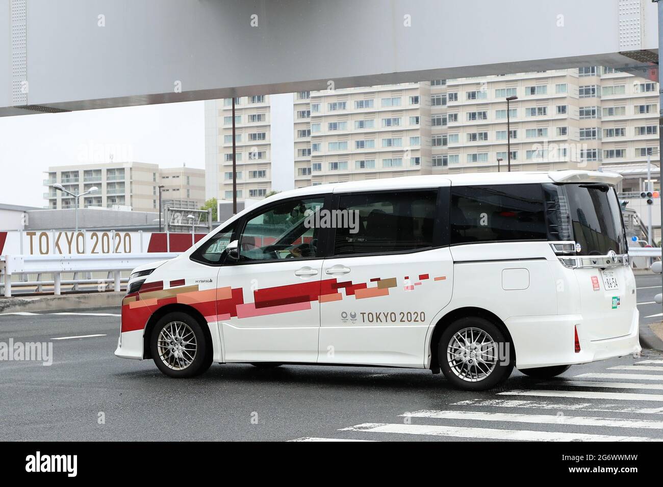 JULY 8, 2021 : A Tokyo 2020 official car is pictured at Ariake area in ...