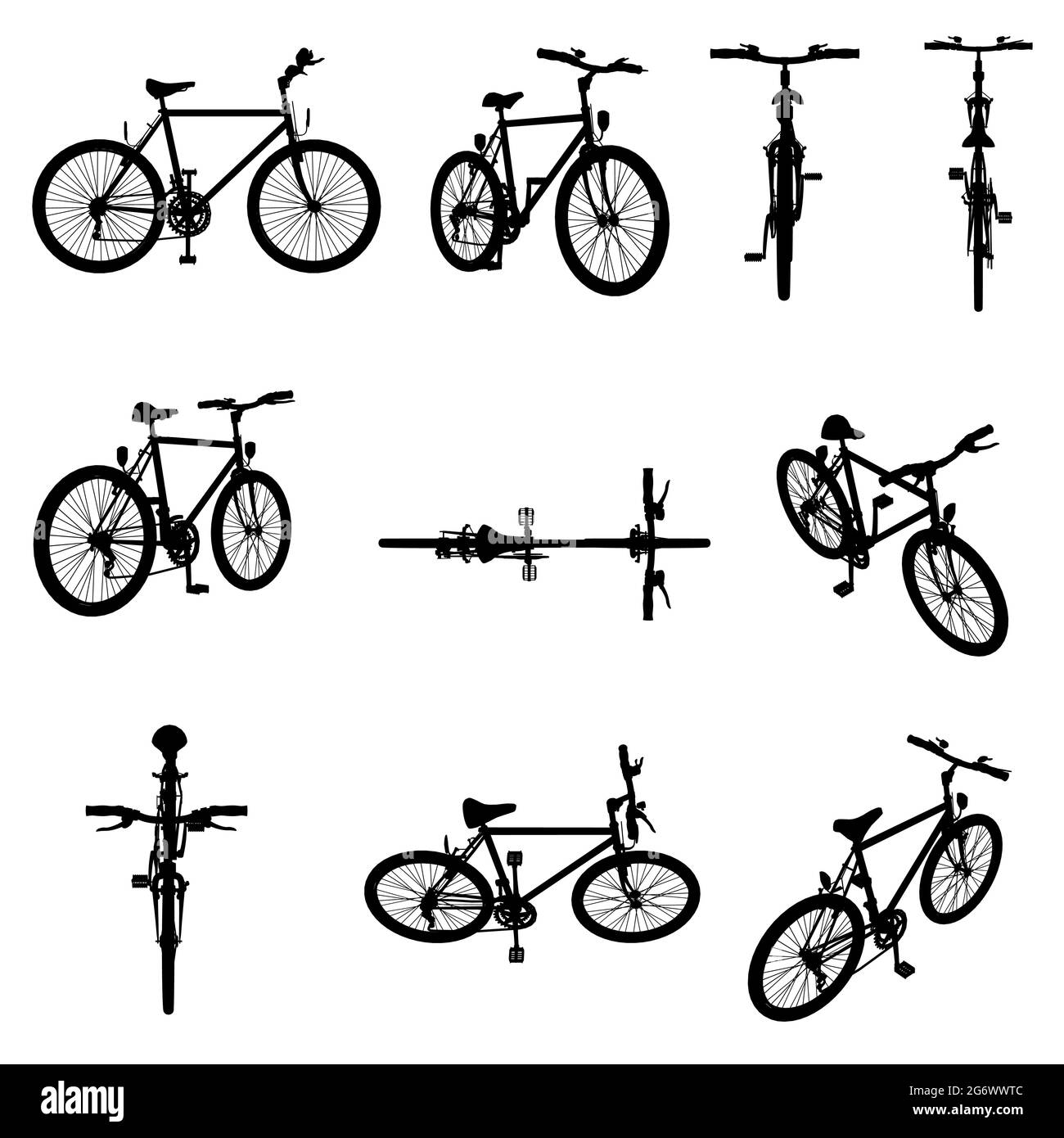 Set with silhouettes of a bicycle in different positions isolated on a ...