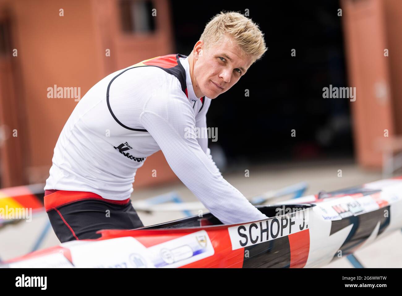 Potsdam, Germany. 05th July, 2021. Canoeist Jacob Schopf stands by his ...