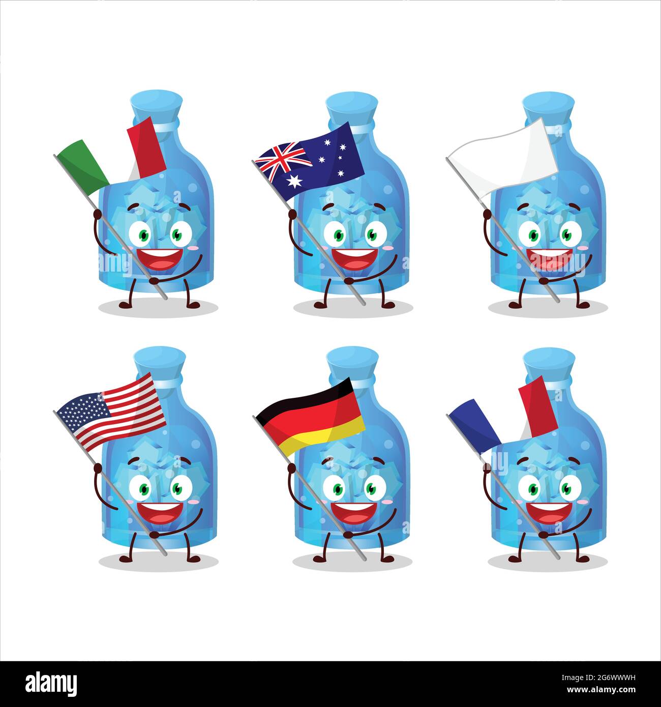 Magic potion blue bottle cartoon character bring the flags of various ...
