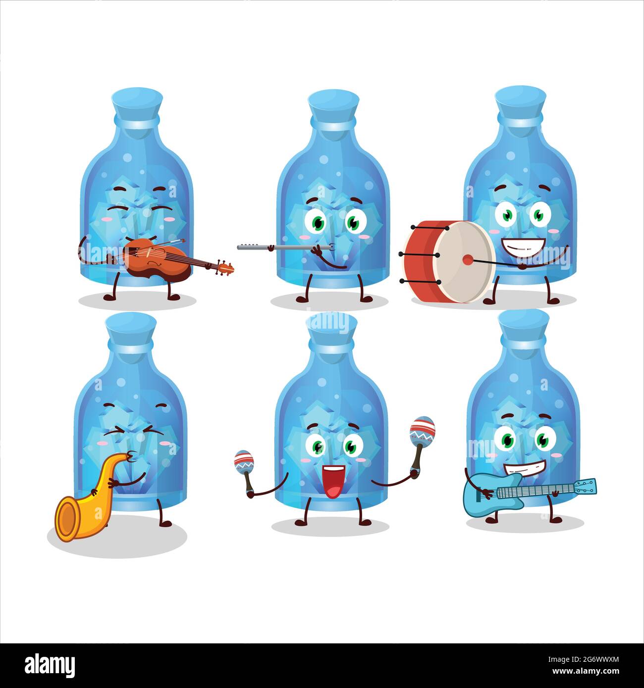 Cartoon character of magic potion blue bottle playing some musical ...