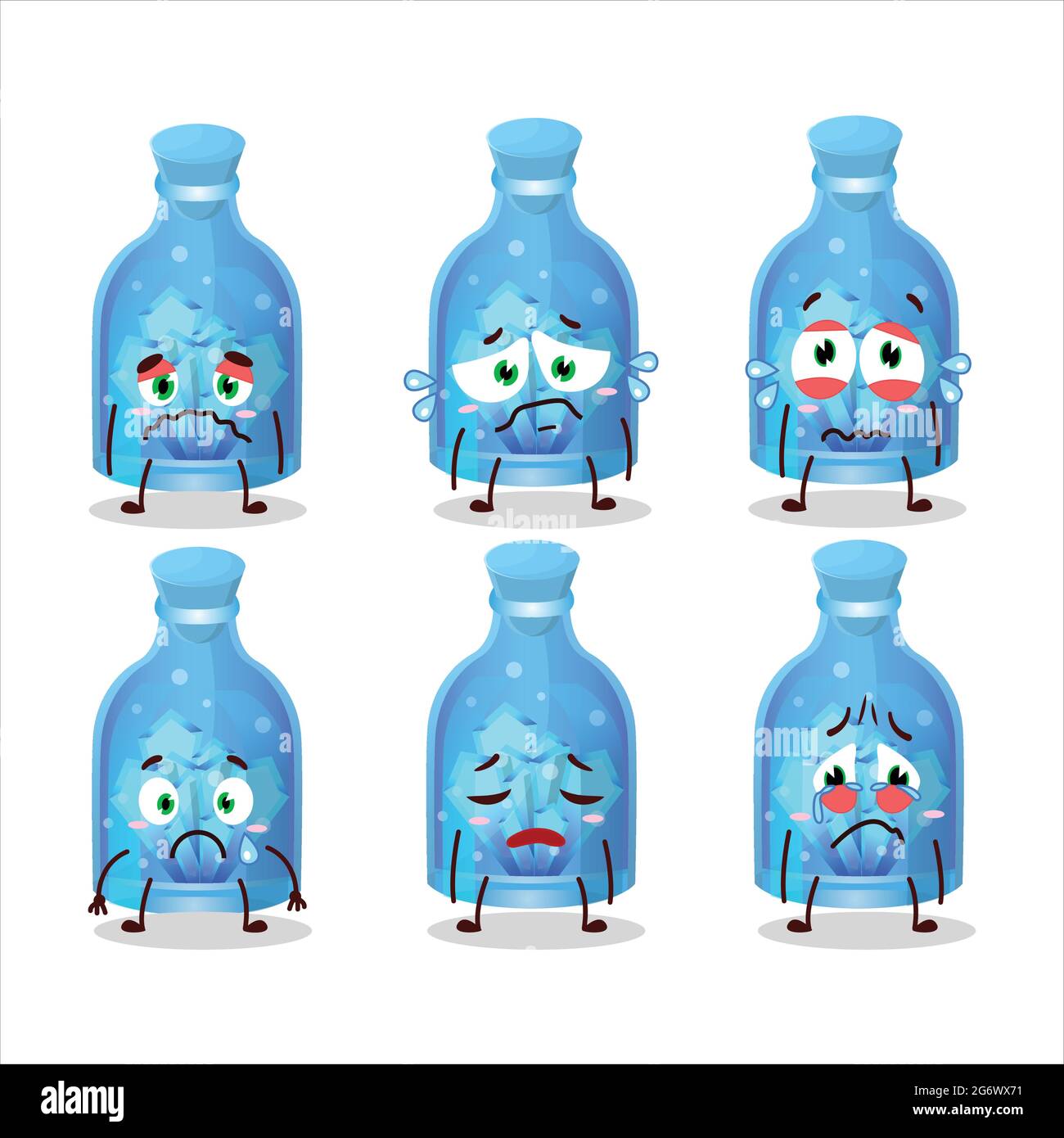 Magic potion blue bottle cartoon character with sad expression. Vector ...