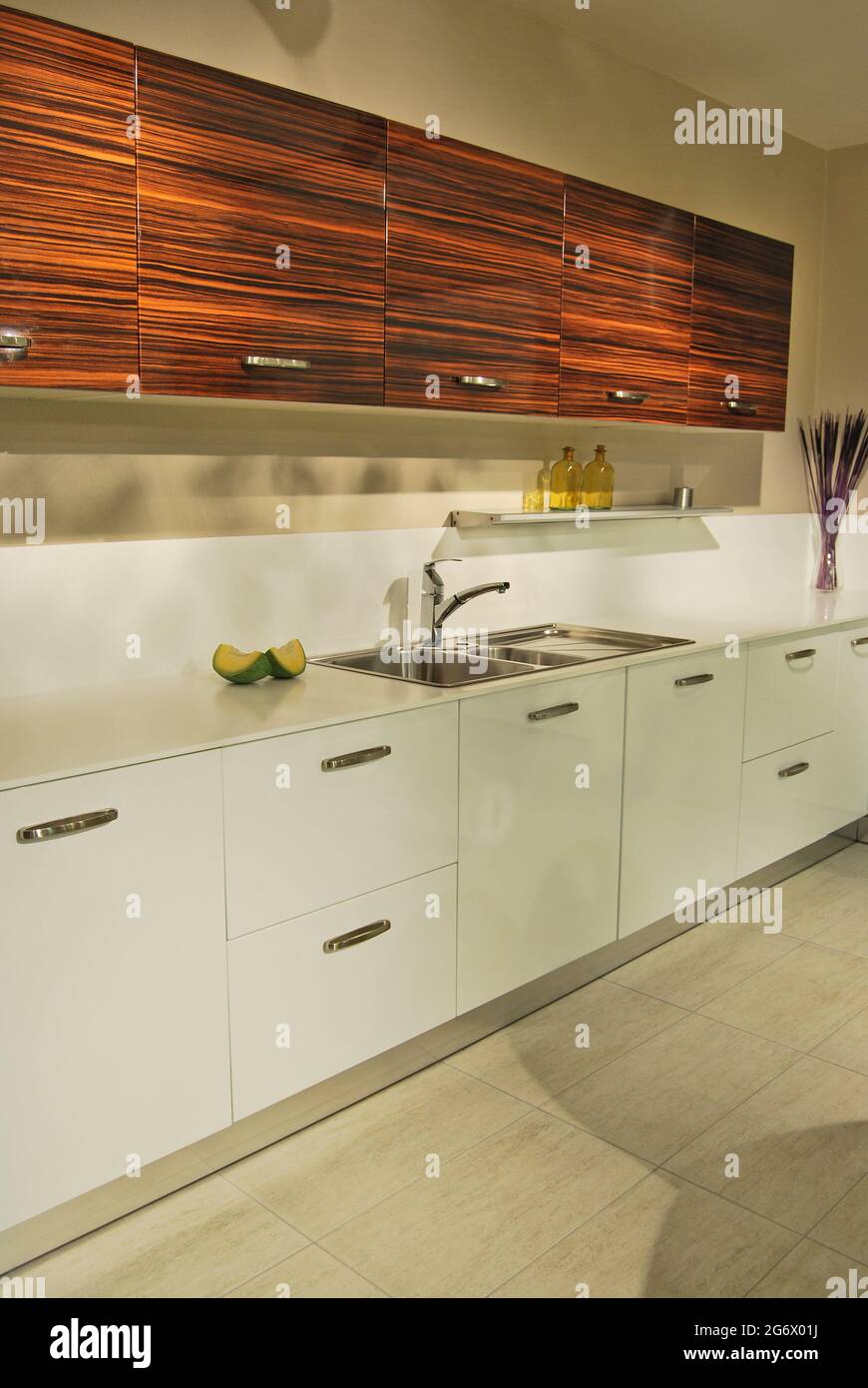 Interior of luxurious modern kitchen equipment, white and ebony ...